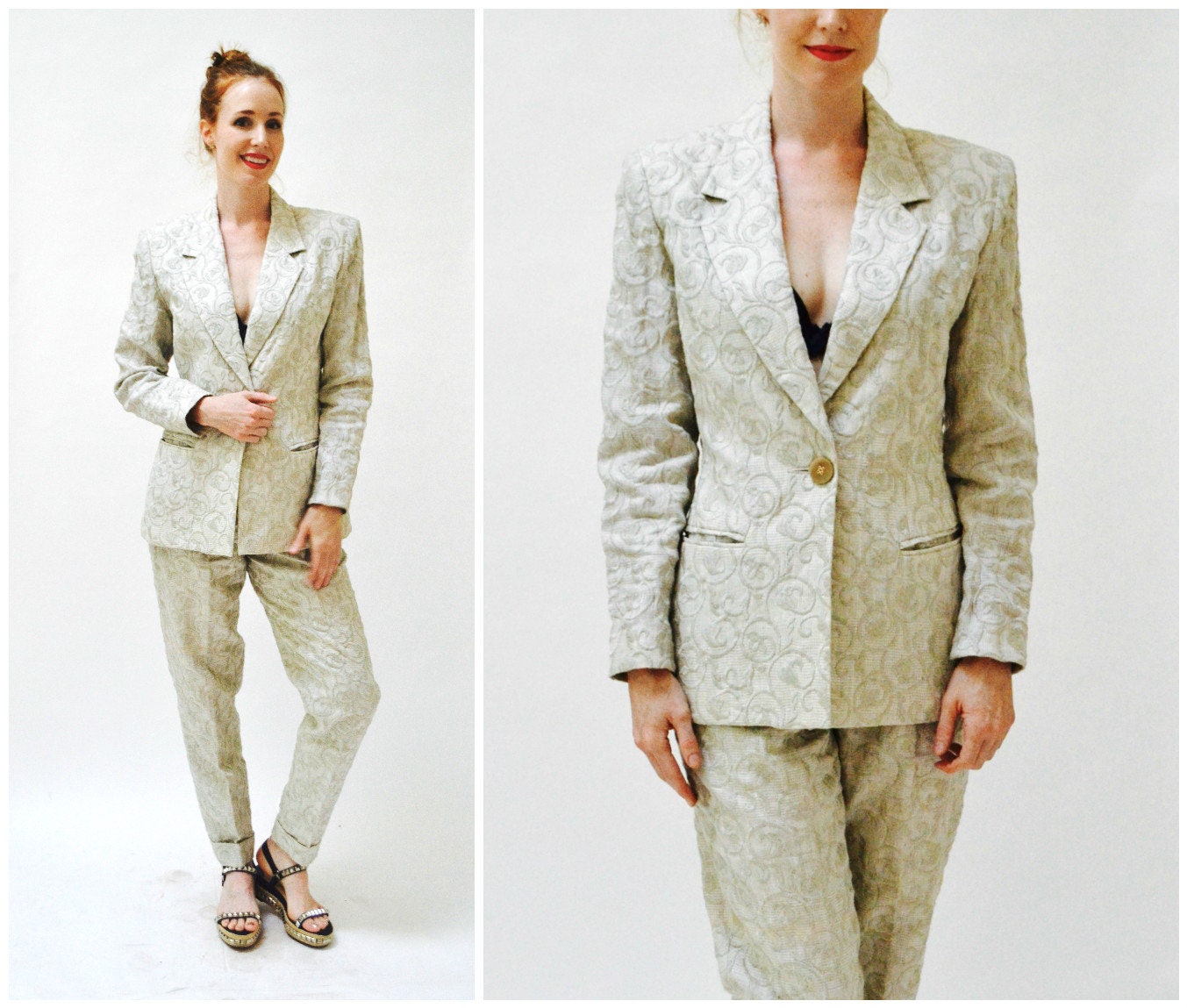90s 00s Vintage Embroidered Linen Suit Jacket Pants in Khaki | Etsy