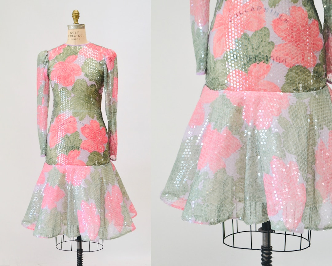 Vintage 80s Sheer Floral Print Sequin Dress by Victor Costa XS Small ...