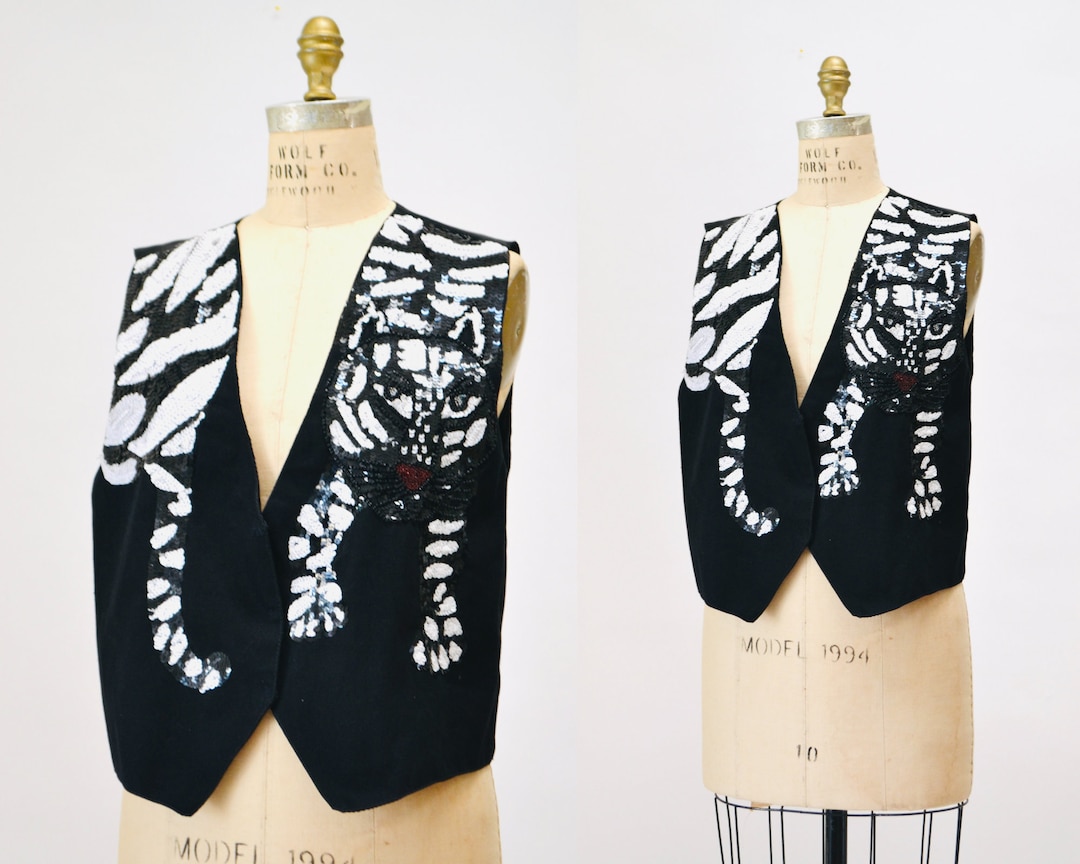 Vintage Black Sequin Vest Tiger Big Sequin Vest Cat Animal Ringmaster ...