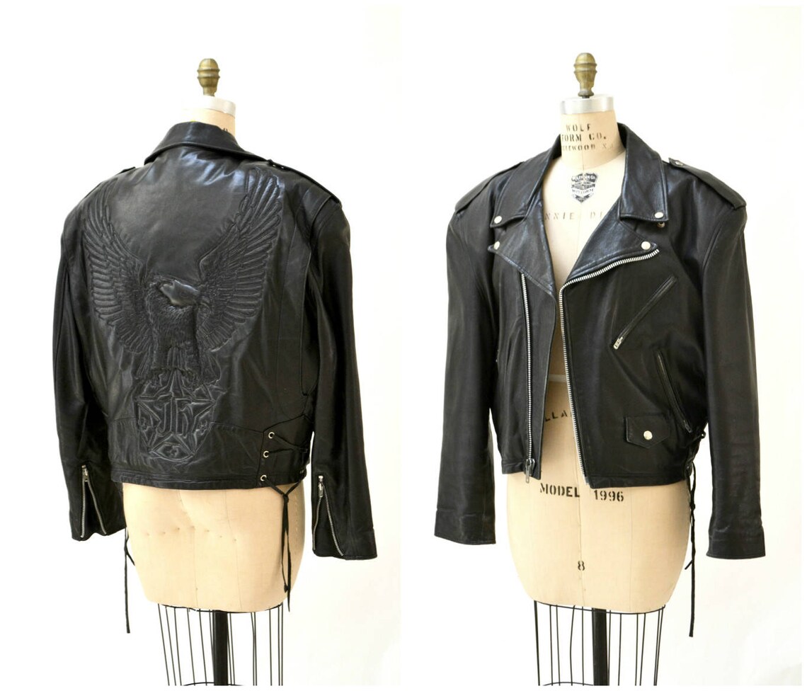 Vintage Black Leather Jacket Motorcycle Biker Jacket With - Etsy