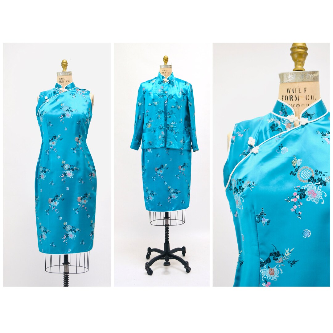 Vintage Blue Chinese Dress and Jacket Chi-pao Qipao Cheongsam Dress and ...