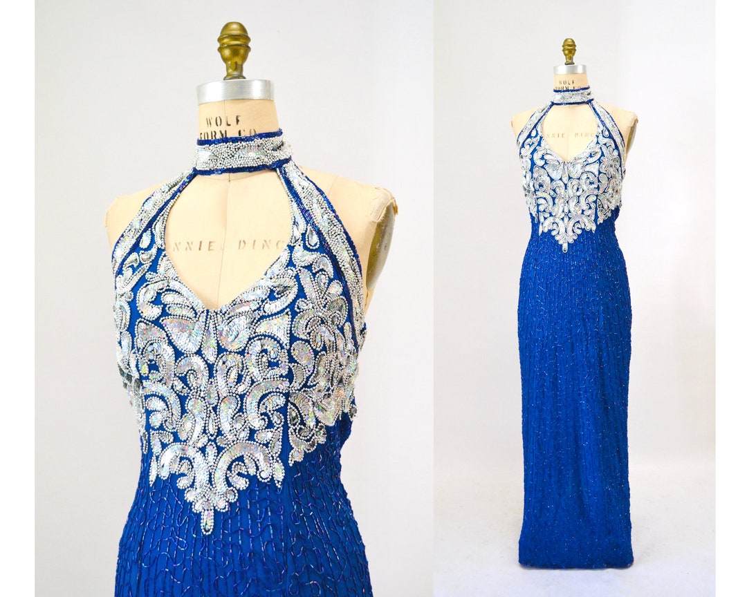 90s Vintage Blue Silver Beaded Gown Sequin Dress Medium Large Blue ...