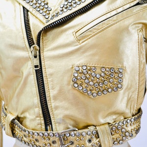 80s 90s Amazing Vintage Gold Leather Biker Jacket Rhinestones Gold ...