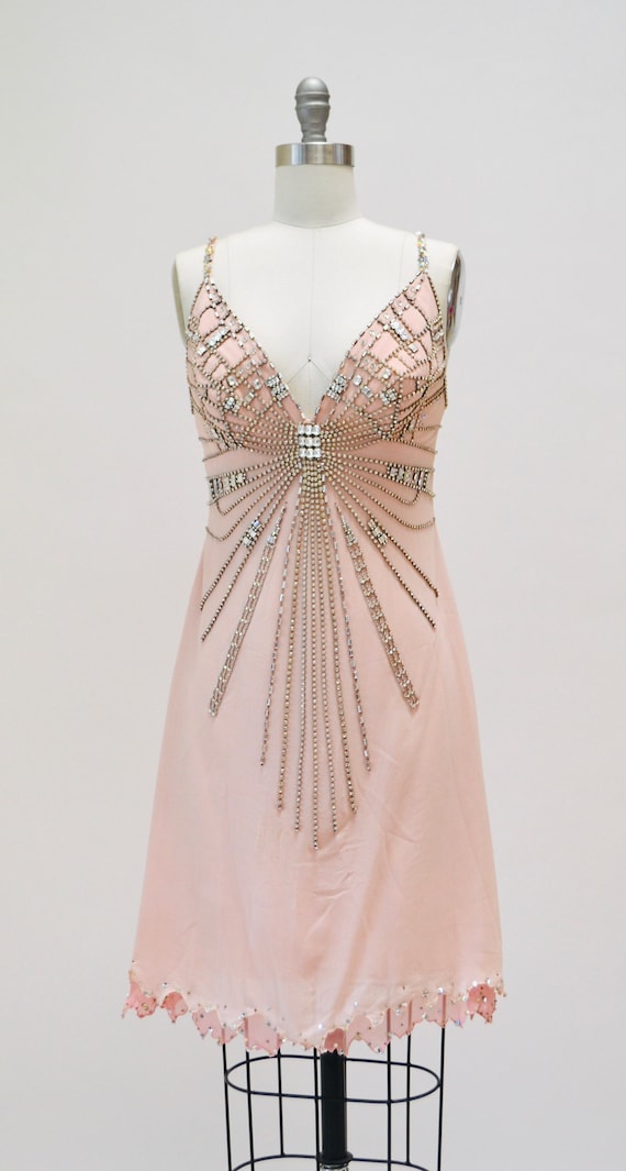 2000s Y2k Vintage Pink Silk Rhinestone Slip Dress XS … - Gem