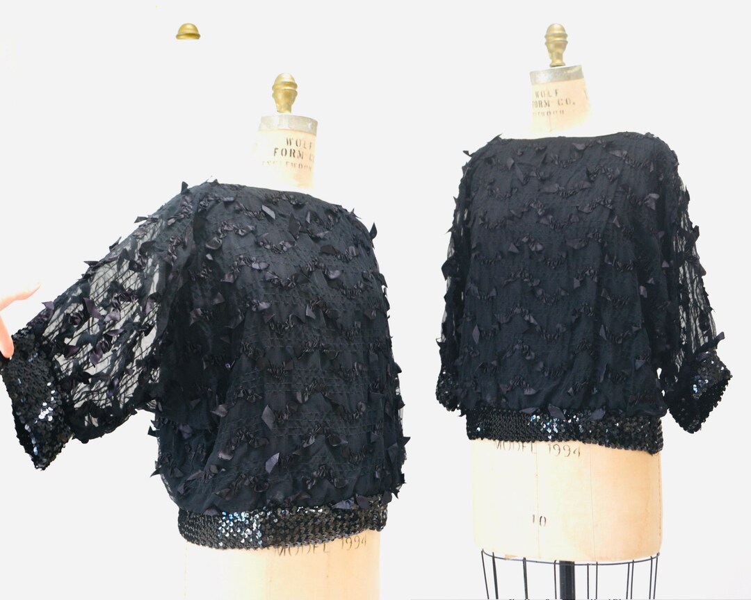 70s 80s Vintage Black Ribbon Sequin Top Ribbon Fringe Sequin Top for ...