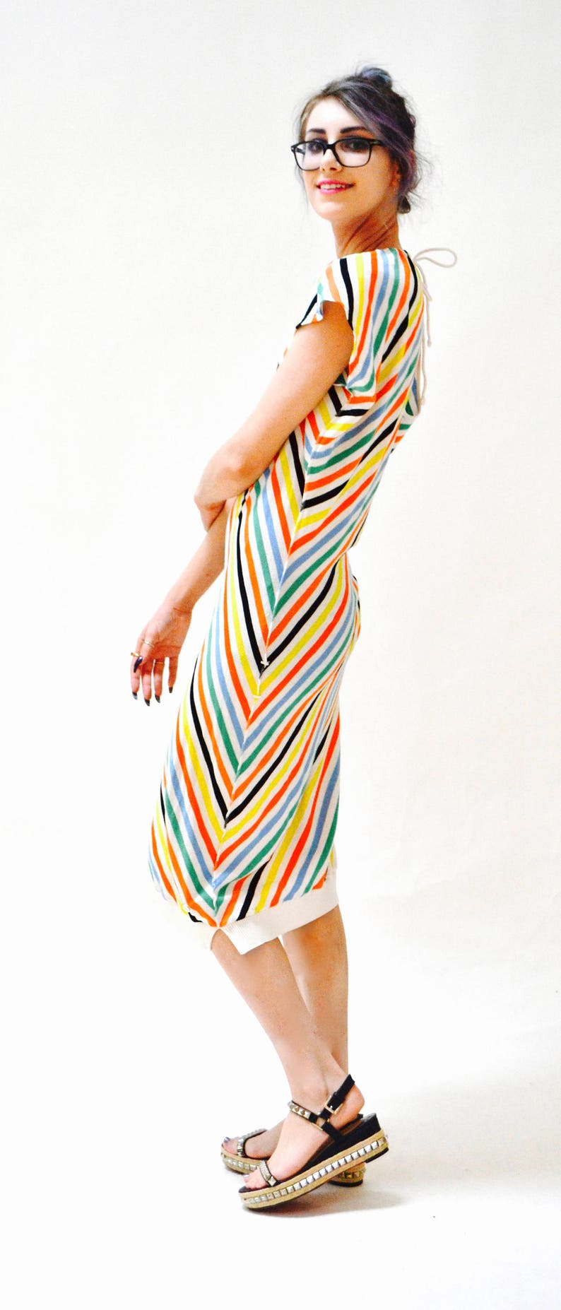 80s 90s Vintage Sonya RYKIEL Rainbow Knit Dress Size Small Medium White ...