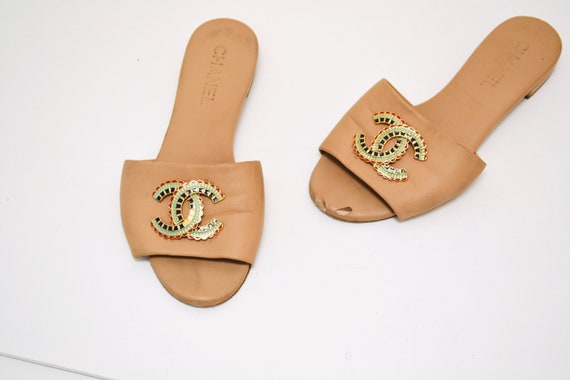 Vintage Chanel Tan Leather Slides Sandals 39 1/2 Lea… - Gem