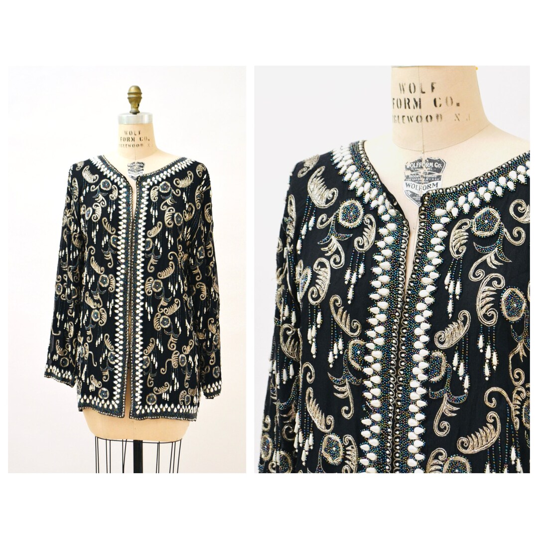 Vintage Beaded Metallic Embroidered Jacket Black Silver Paisley Jacket ...