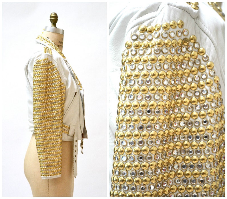 Vintage White Leather Biker Jacket With Rhinestones Gold | Etsy