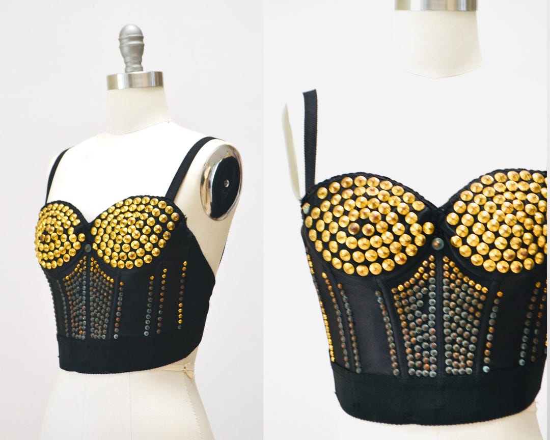 80s 90s Vintage Gold Studded Black Bustier Top XS Small 80s 90s Glam ...