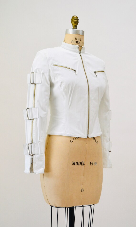 90s 2000s Y2K Vintage White Leather Jacket Medium 90s… - Gem