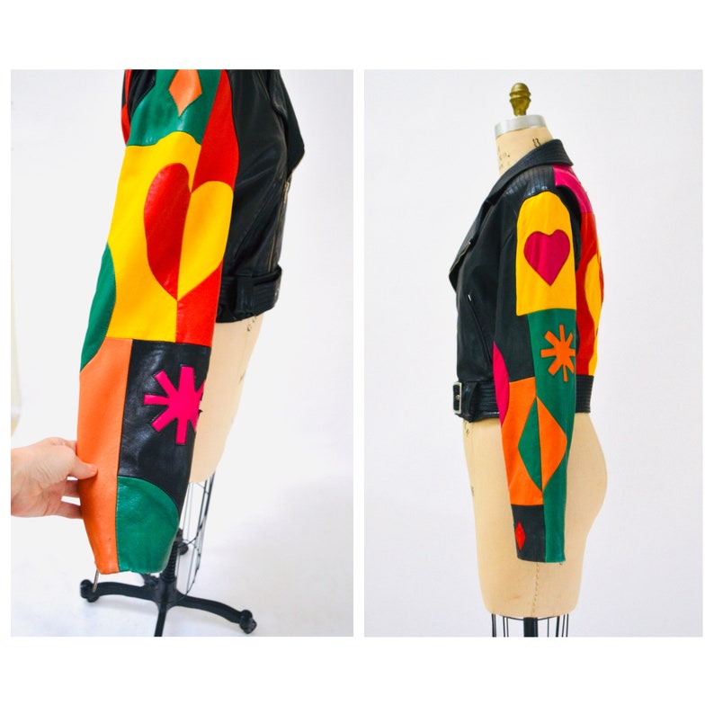 Vintage Black Leather Motorcycle Jacket Rainbow Heart Stars North Beach ...