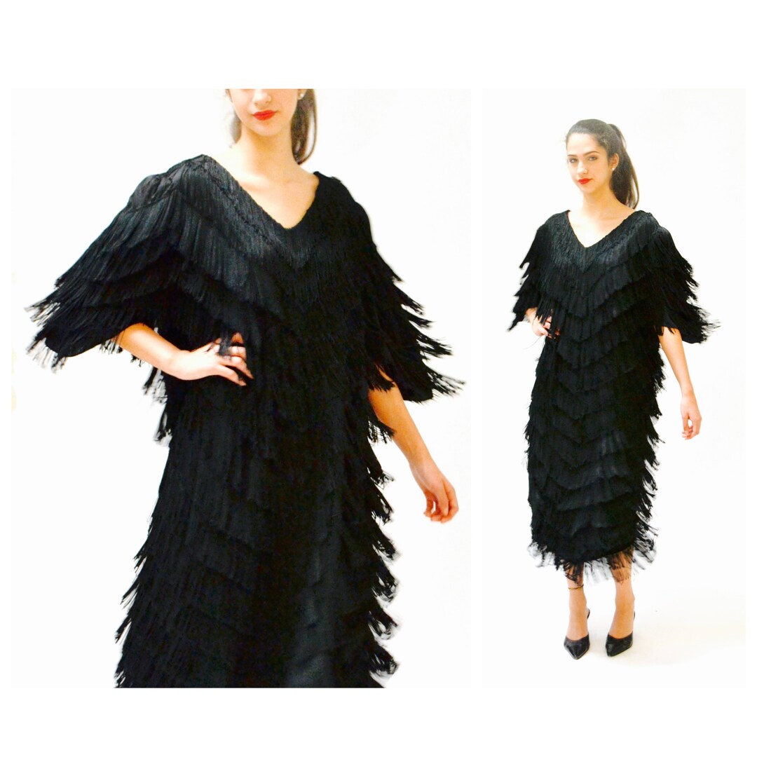 80s Does 20s Vintage Black Flapper Fringe Dress Size Xl Xxl Plus Size ...