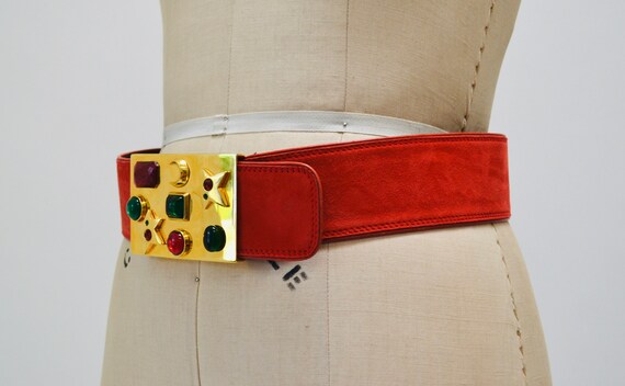 80s 90s Vintage ESCADA Red Gold Gemstone Belt Metalli… - Gem