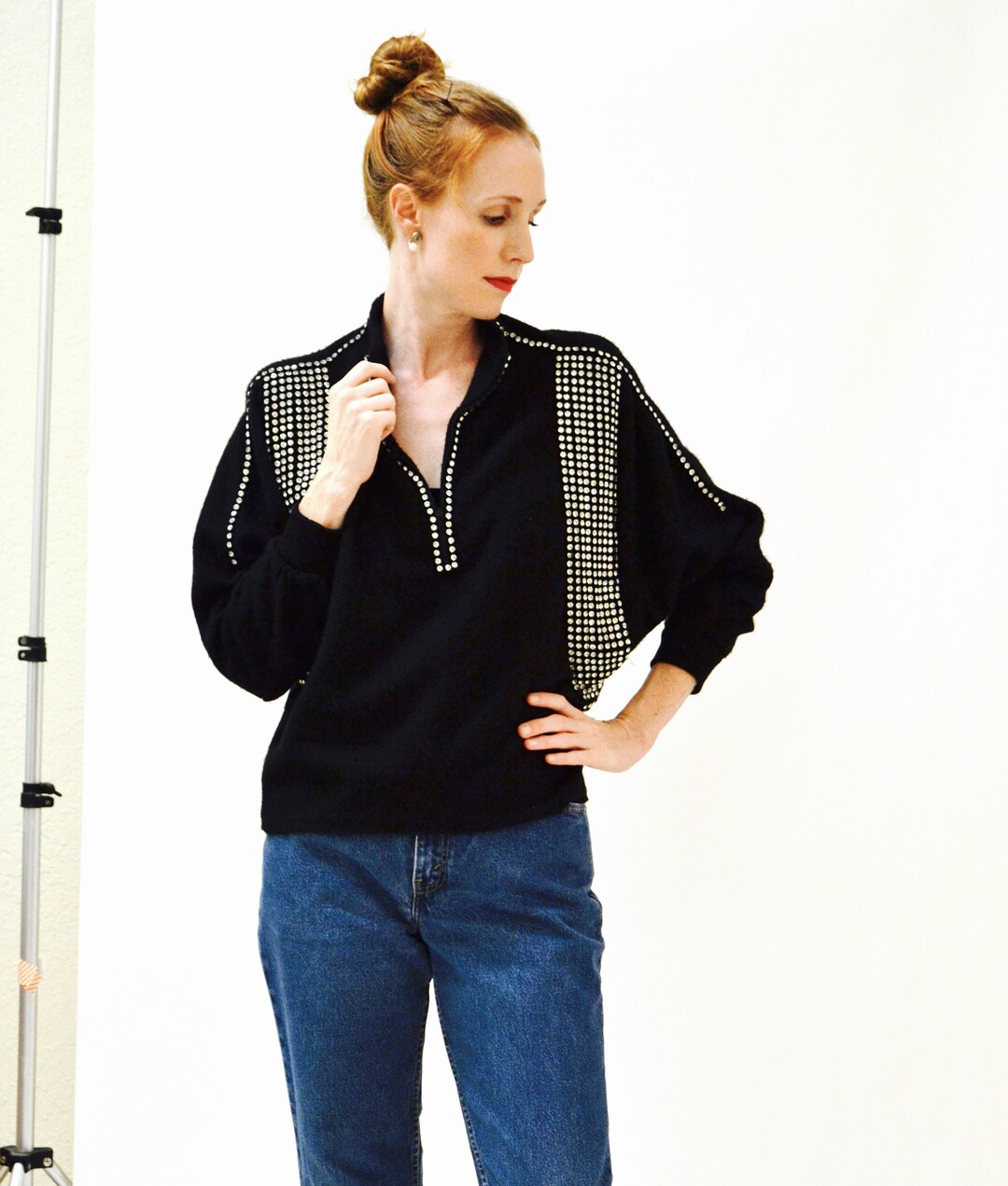 80s 90s Glam Black Sweater Top Vintage Black Rhinestone Sweater Jumper ...