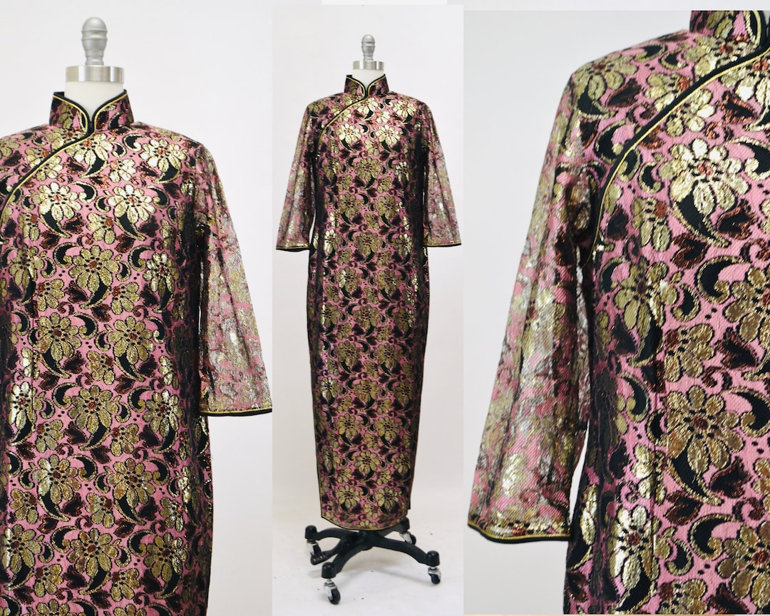 Vintage Metallic Lace Chi Pao Asian Chinese Cheongsam 90s Prom Black ...
