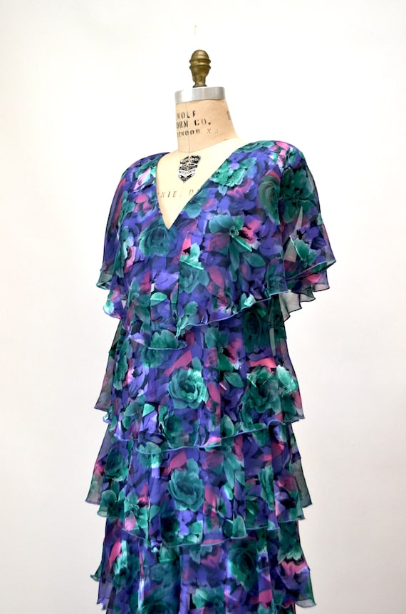 80s Vintage Ruffle Floral Print Dress Chiffon Blue Pu… - Gem
