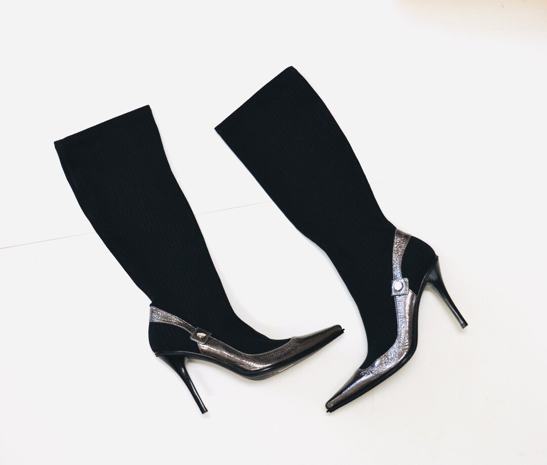 2000s Y2k Black Silver Heel Boots Pointed Toe Size 10 by Casadei Made ...