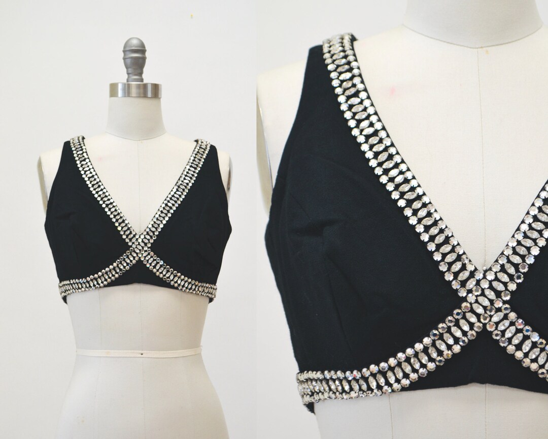60s 70s Vintage Black Rhinestone Bra Crop Top XXS XS Small 70s Black ...