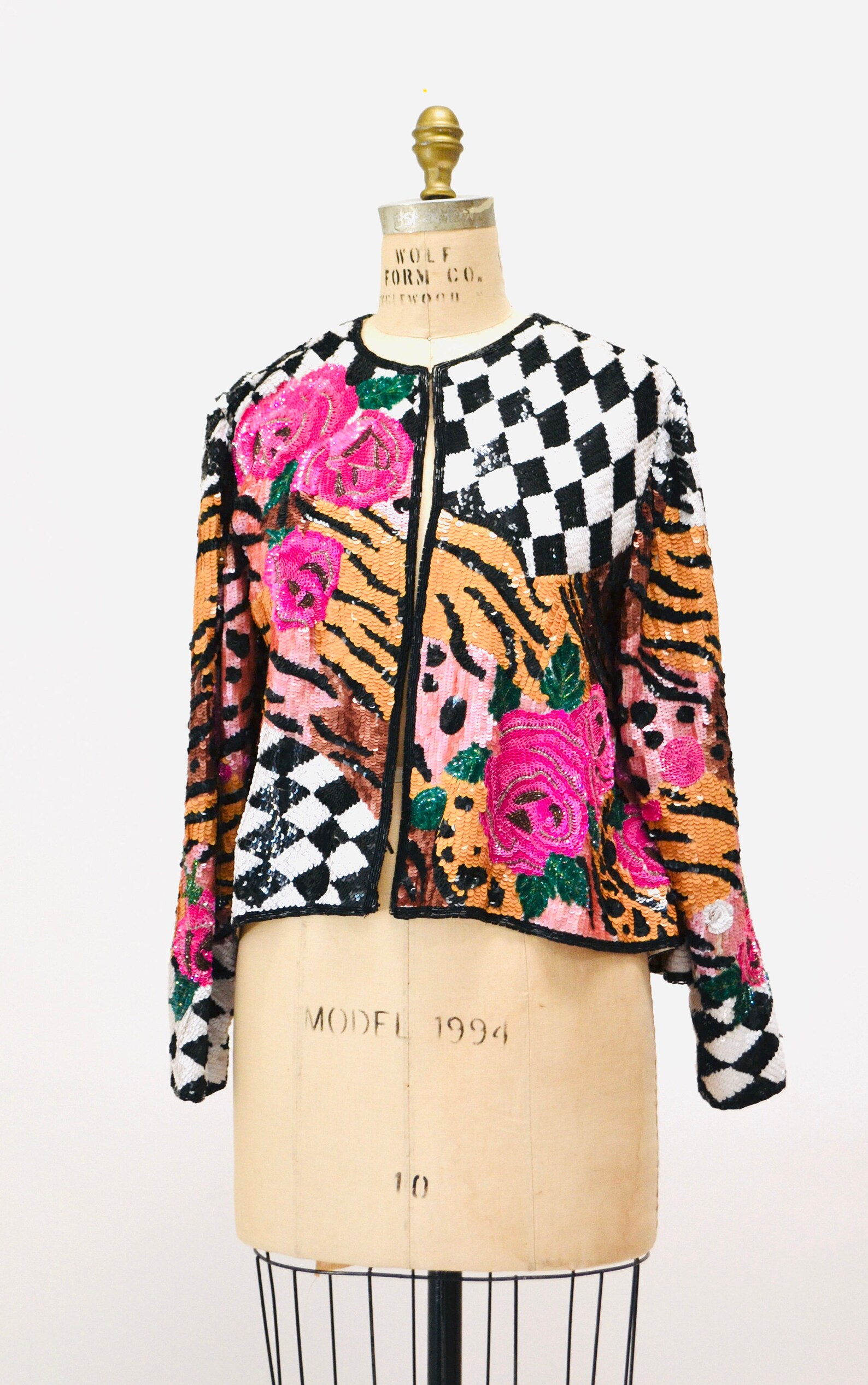 80s 90s Vintage Sequin Jacket Floral Zebra Checkered Sequin Jacket Size ...