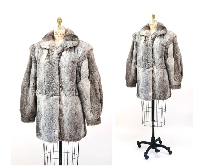 70s 80s Glam Vintage Rabbit Fur Coat Grey Gray Silver Rabbit Fur Jacket ...