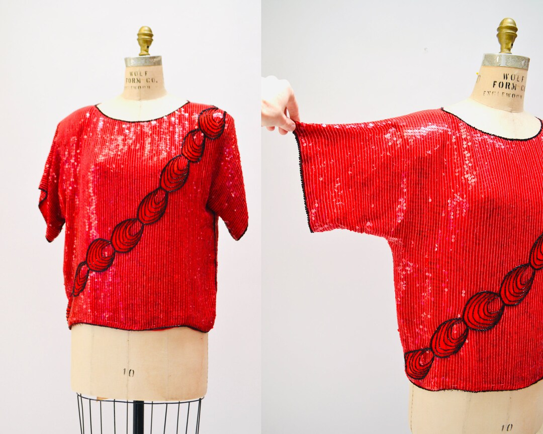 70s Vintage Red Sequin Shirt Top Black Medium Large Red Sequin Glam ...