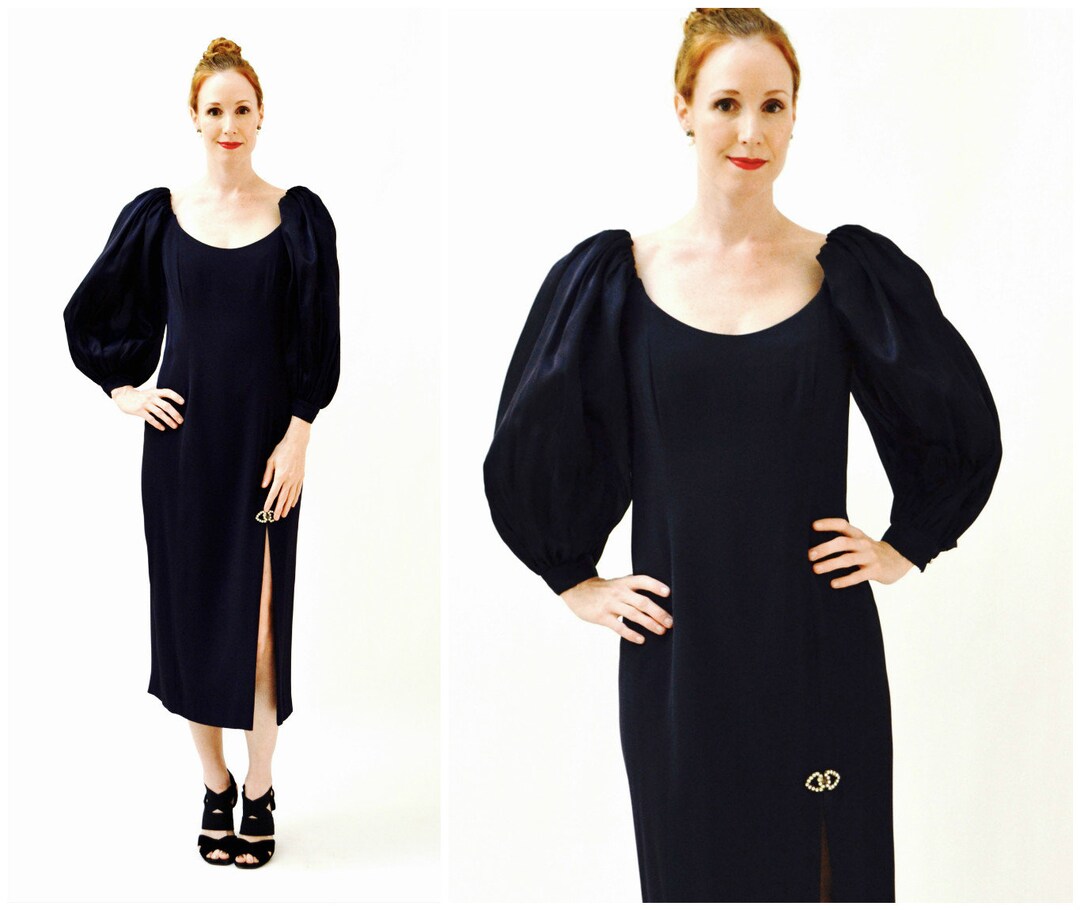 80s Vintage Party Prom Dress Medium Large Dark Navy Blue Poof Sleeves ...