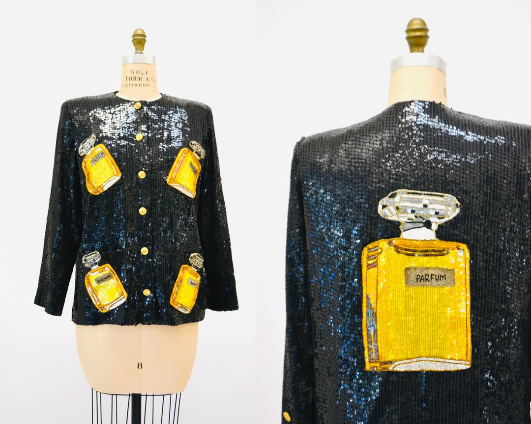 80s 90s Vintage Black Sequin Jacket With Perfume Bottles by Jeanette ...