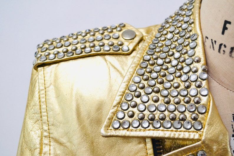 80s 90s Amazing Vintage Gold Leather Biker Jacket Rhinestones - Etsy