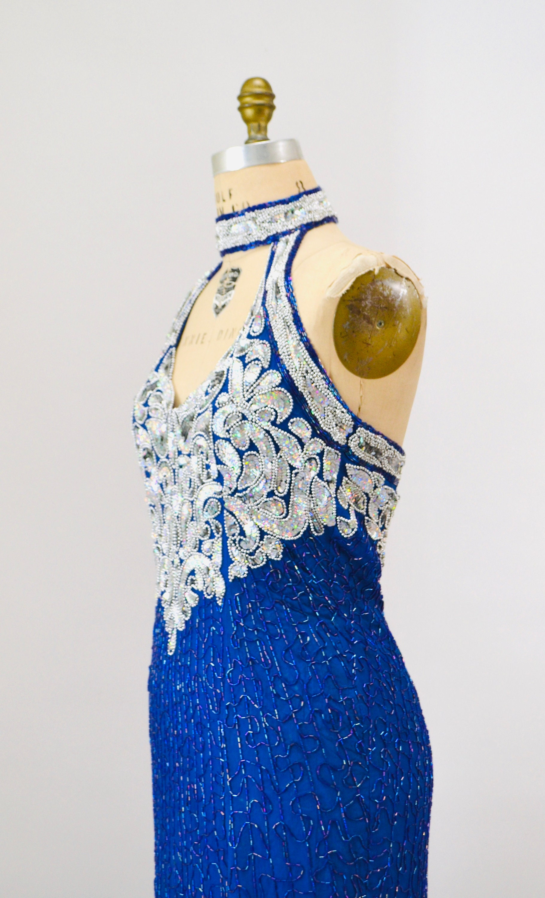 90s Vintage Blue Silver Beaded Gown Sequin Dress Medium 90s Vintage Blue Silver Beaded Gown Sequin Dress Medium