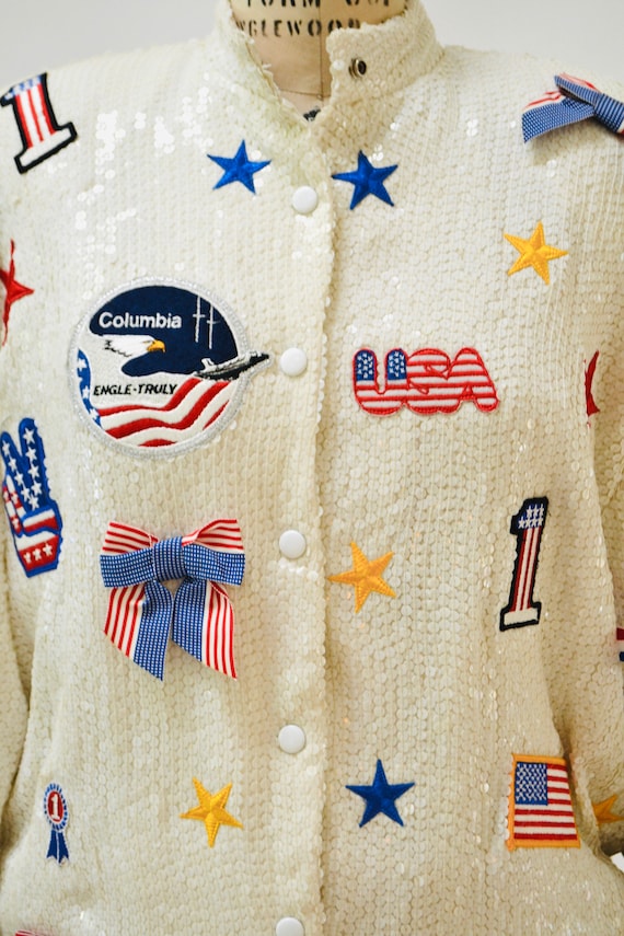 Vintage USA White Sequin Jacket American Flag Patch J… - Gem