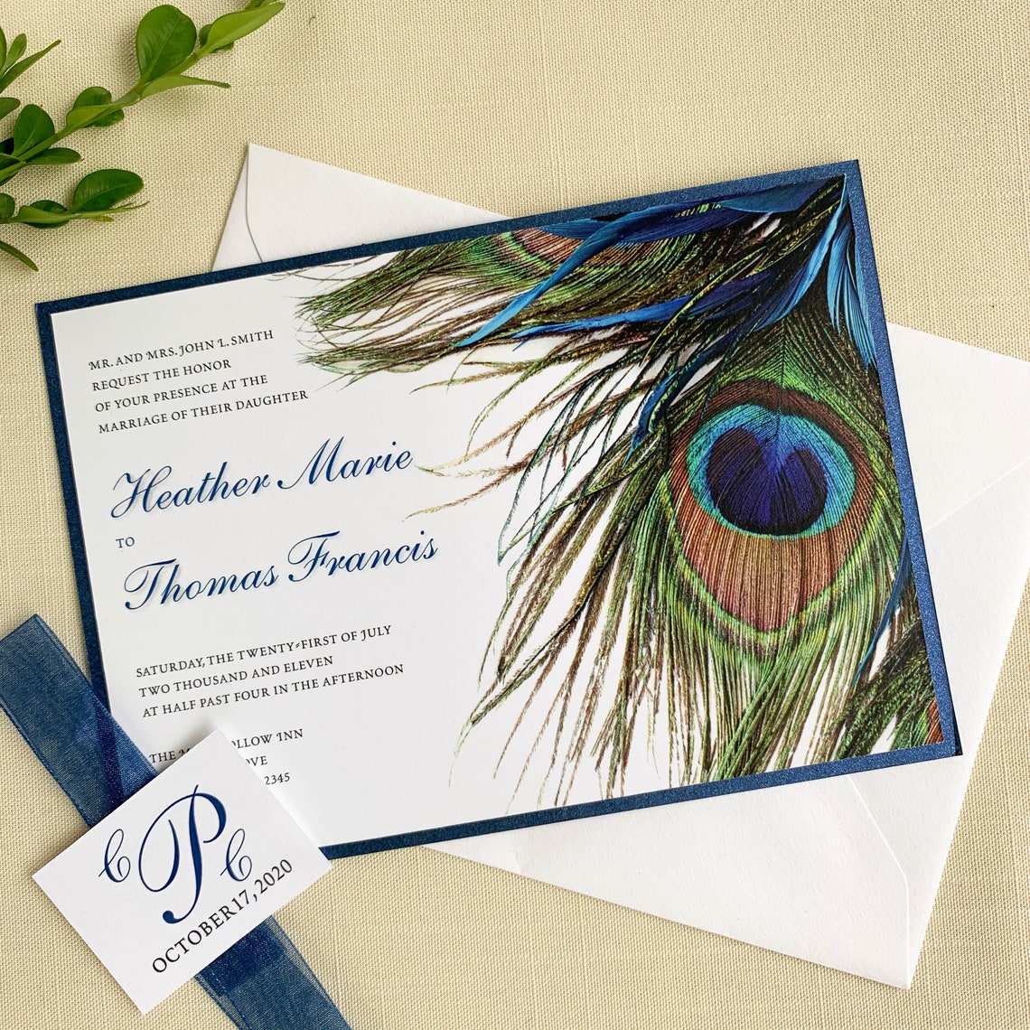 Peacock Feather Modern Wedding Invitation. DEPOSIT. | Etsy