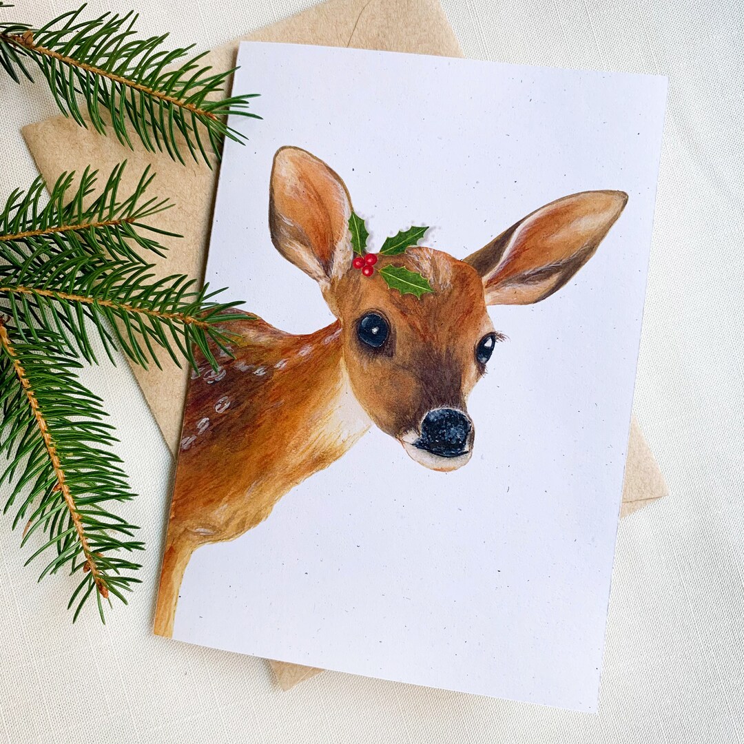 Reindeer Christmas Card. Rustic 5 X 7 Eco Friendly Watercolor Fine Art ...
