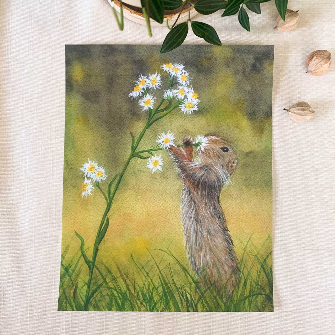 Chipmunk Smelling Flowers Art Print. 8 X 10. Unframed Bedroom Wall ...