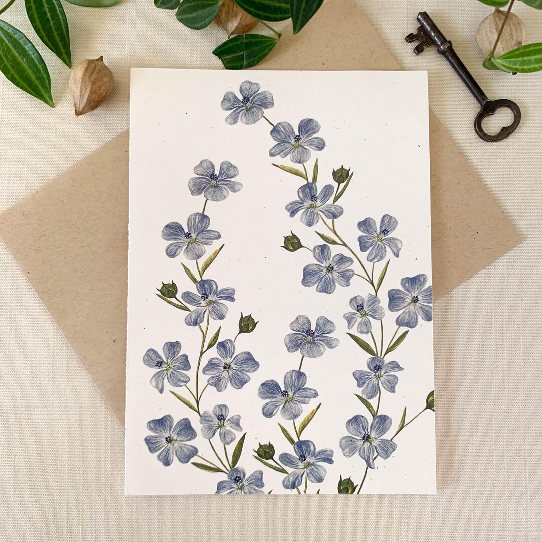 Flax Seed Blue Floral Watercolor Greeting Card. 5x7 Frameable Card With ...