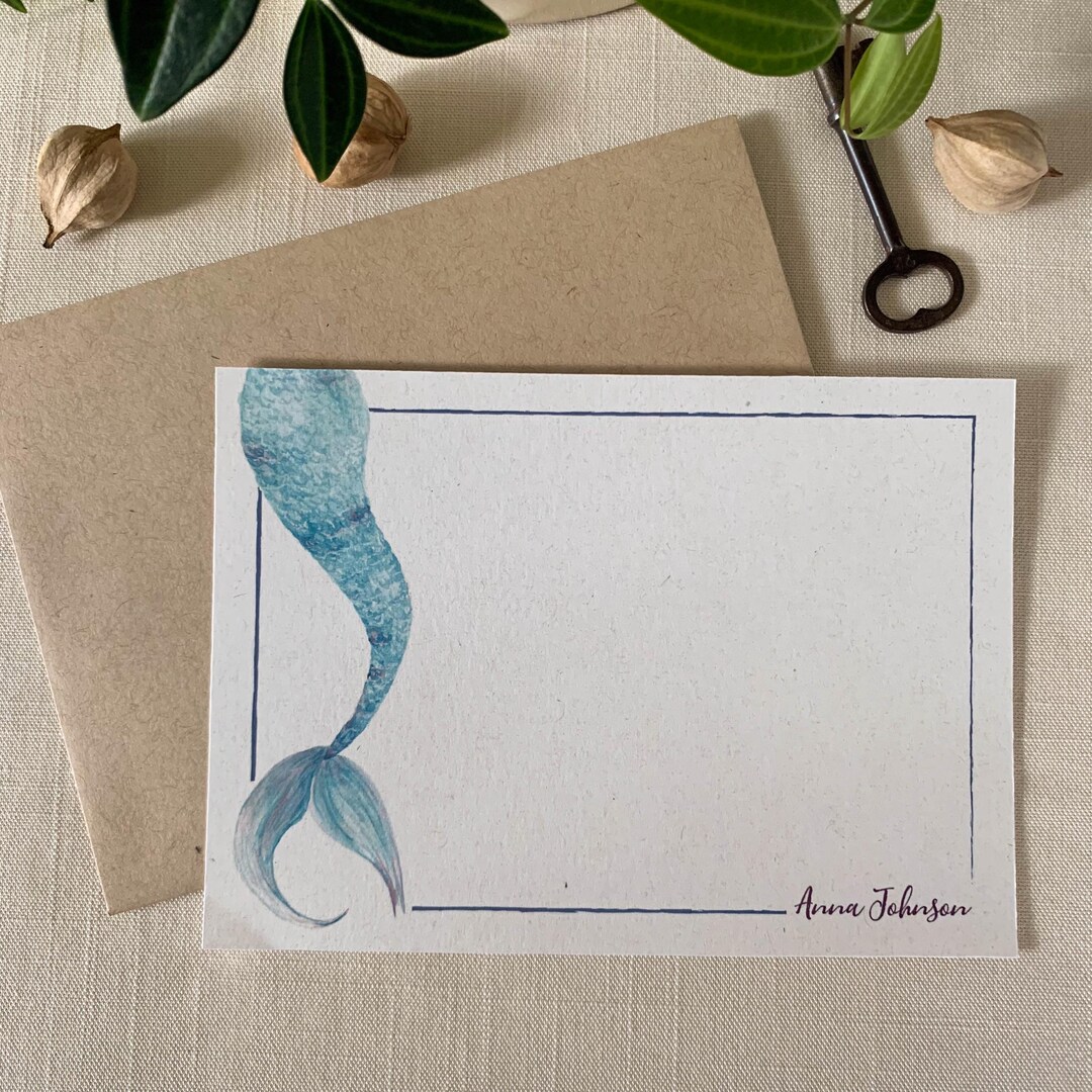 Personalized Cute Mermaid Tail Flat Notecards. Eco Friendly Watercolor ...
