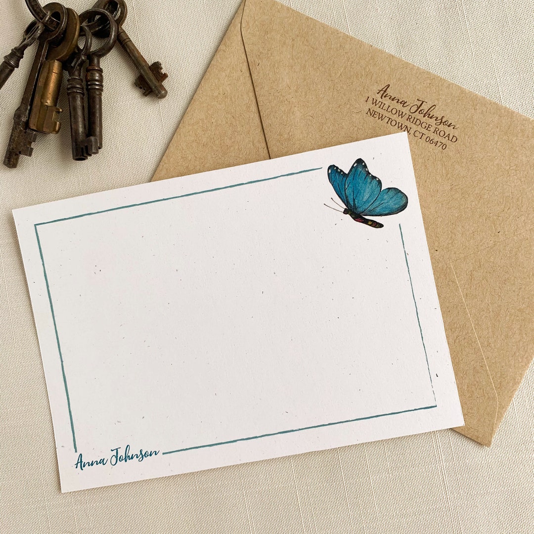 Personalized Whimsical Blue Butterfly Notecard. Eco Friendly Watercolor ...