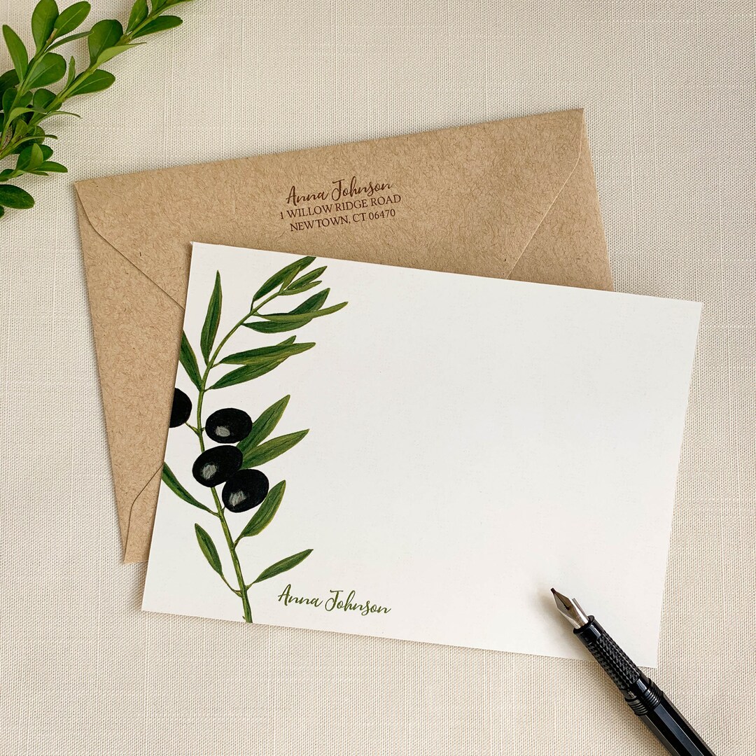 Personalized Black Olive Branch Note Cards. Eco Friendly Watercolor ...