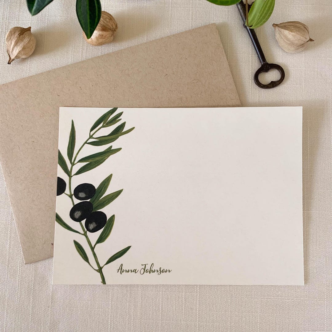 Personalized Black Olive Branch Notecards. Eco Friendly Watercolor ...