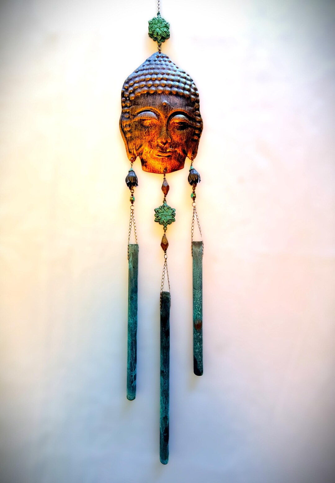 Upcycled Buddha Wind Chime – Copper & Patina Garden Art, Vintage Czech ...