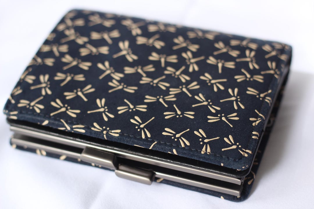 Japanese Inden Leather Bifold Wallet – Navy Blue With Dragonfly Pattern ...
