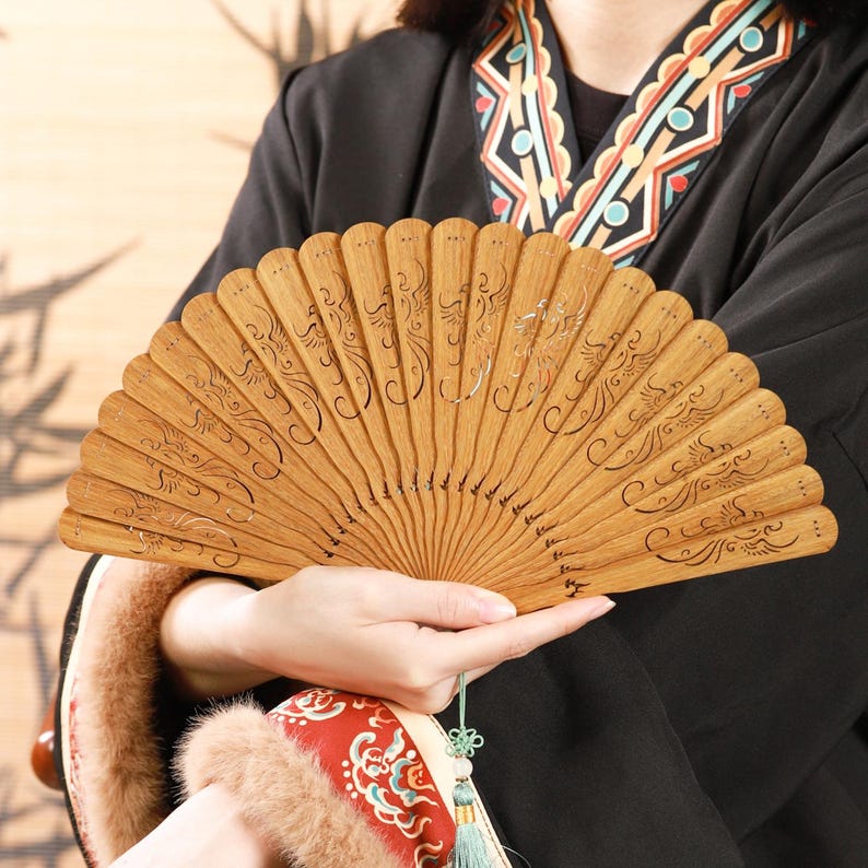 Hand Carved Sandalwood Fan, Phoenix Design, Wooden Folding Wedding ...
