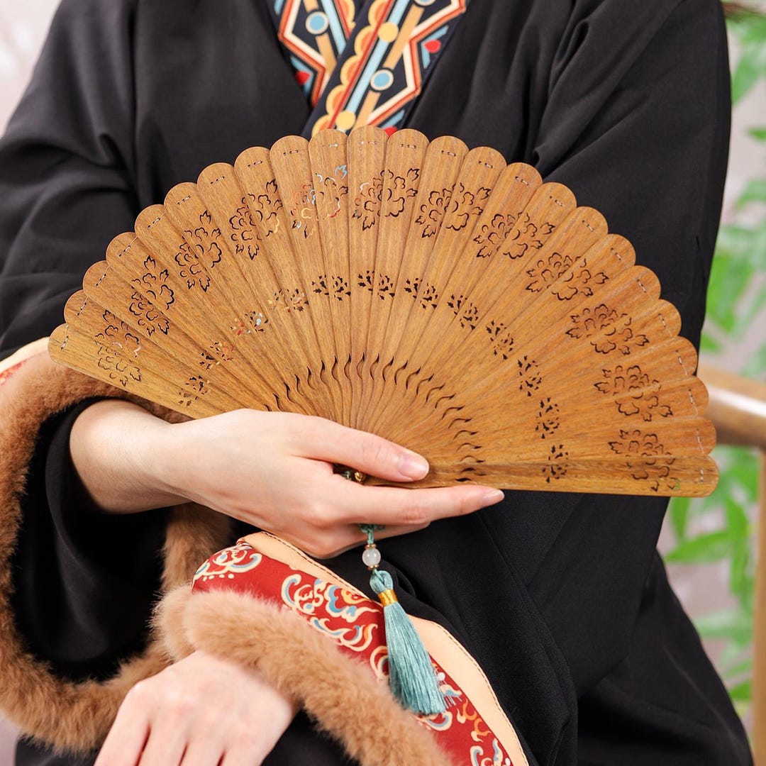 Hand Carved Sandalwood Peony Fan, Fragrant Wood Folding Handheld Fan ...