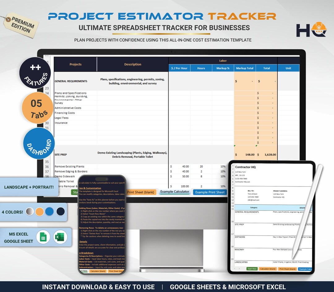 Project Estimator Tracker Spreadsheet, Job Cost Estimation Google ...