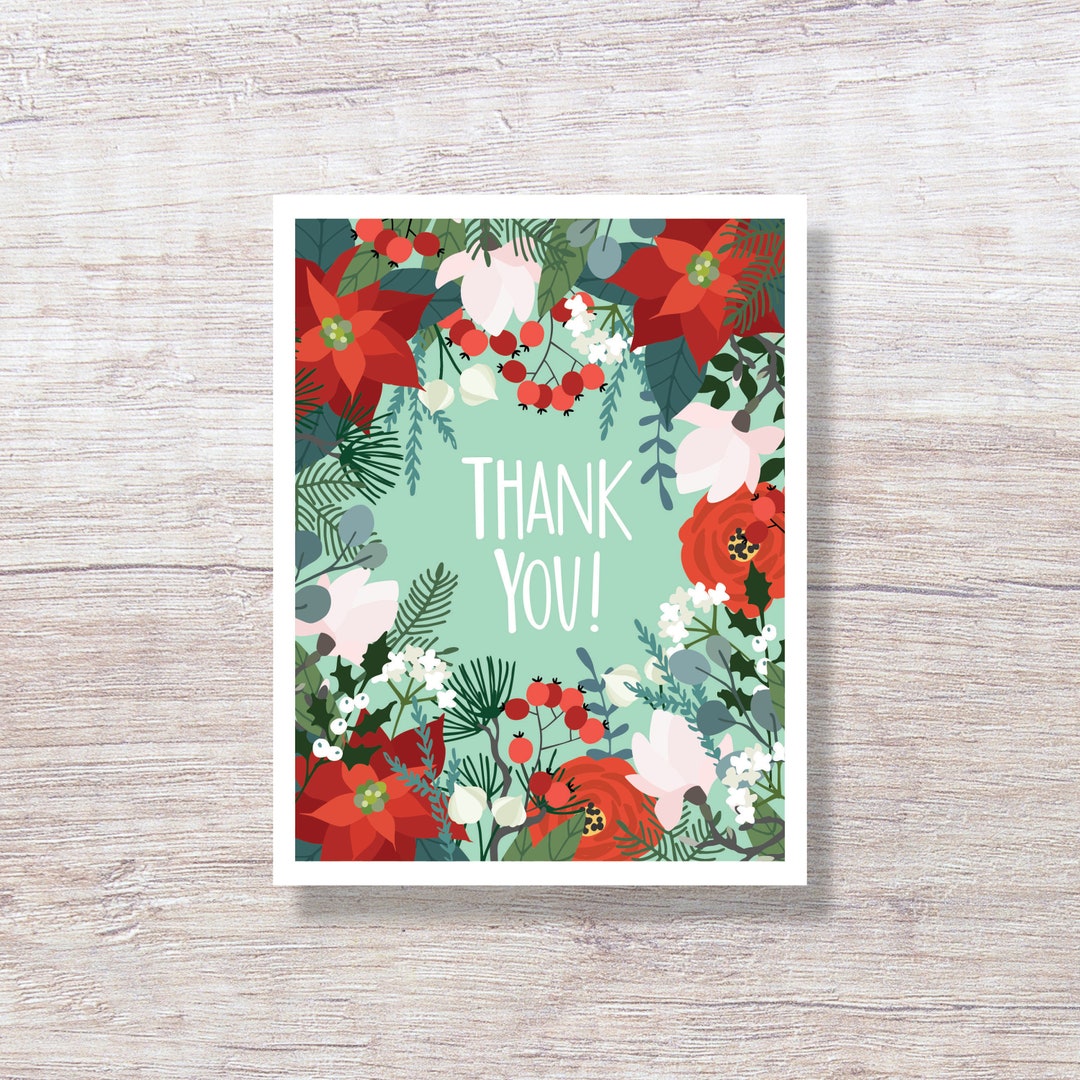 Floral Christmas Thank You Cards Single Card or Boxed Set Holiday Thank ...
