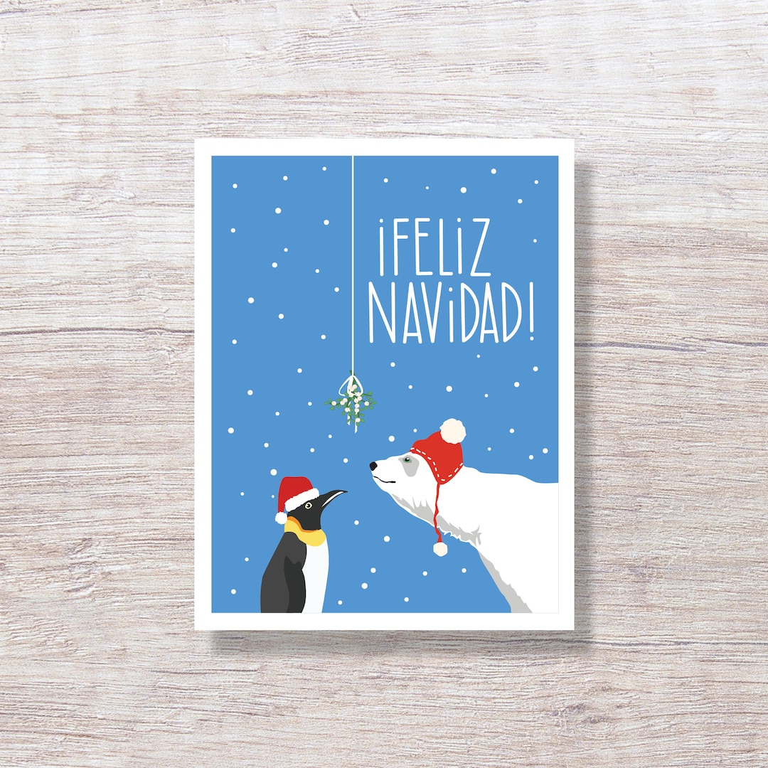 SPANISH LANGUAGE Feliz Navidad Polar Bear and Penguin - Single Card or ...