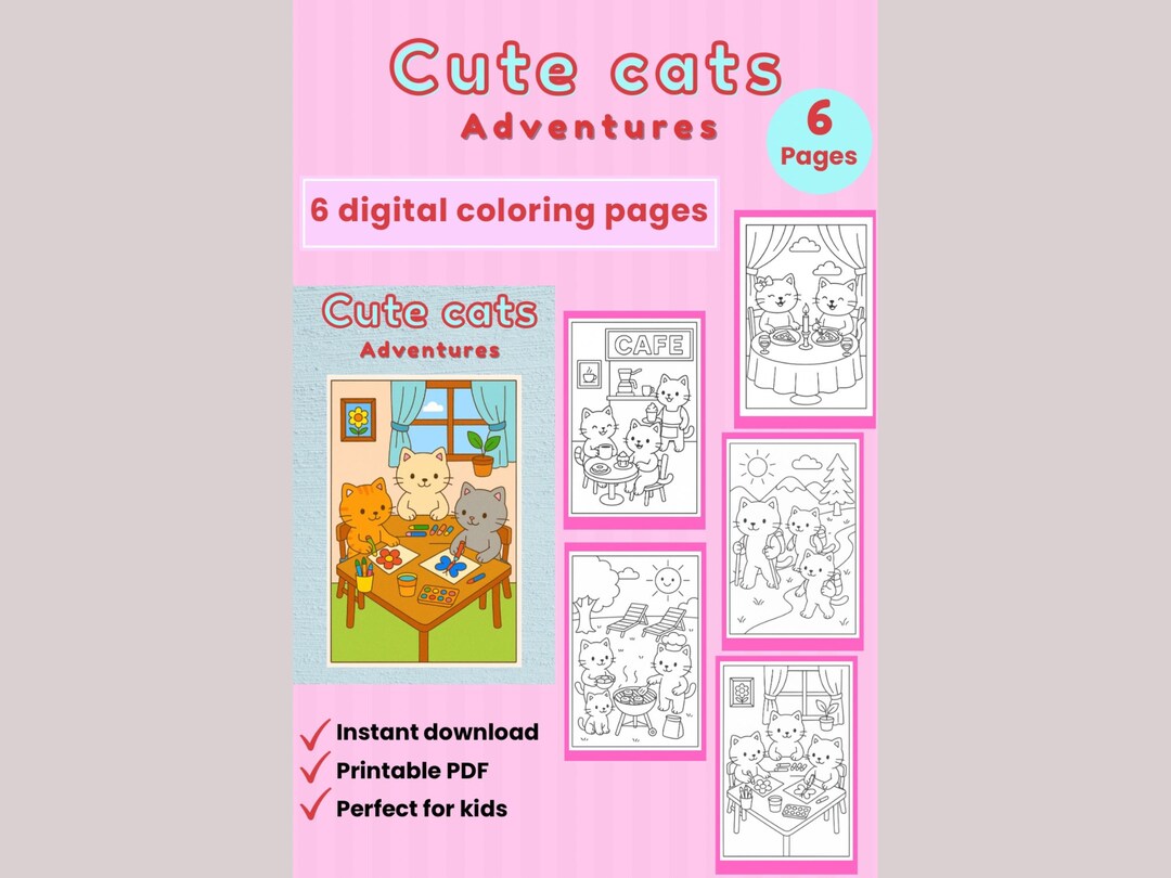 Cute Cats Coloring Pages for Kids – Printable PDF, Digital Download ...