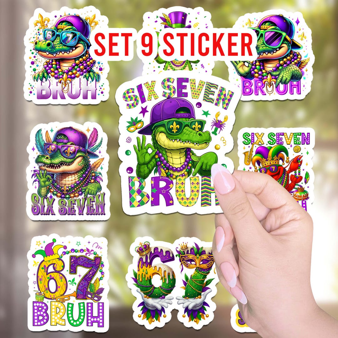 Six Seven Mardi Gras Stickers, 67 Mardi Gras Alligator Stickers, Six ...