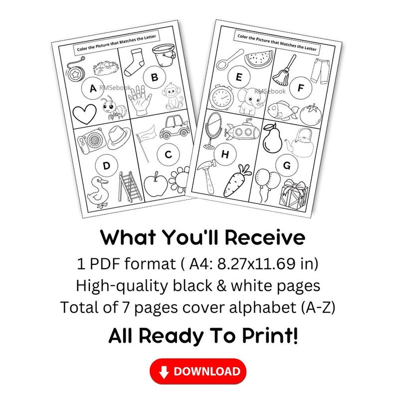 Alphabet Coloring Match Worksheets for Kids | 7 Pages A to Z Letter ...