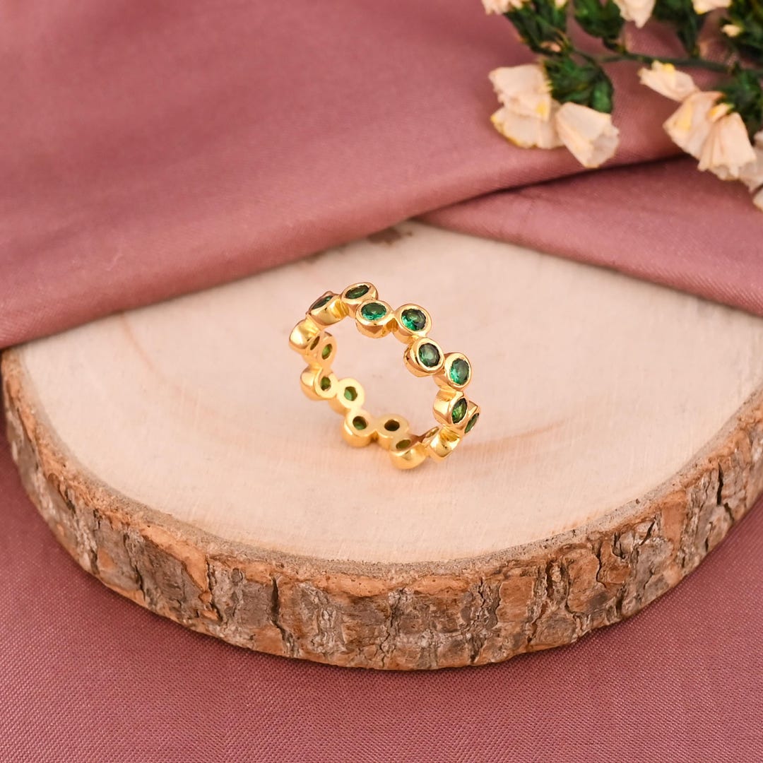 Brass Emerald Green Eternity Ring | 18K Gold Plated Stackable Band ...